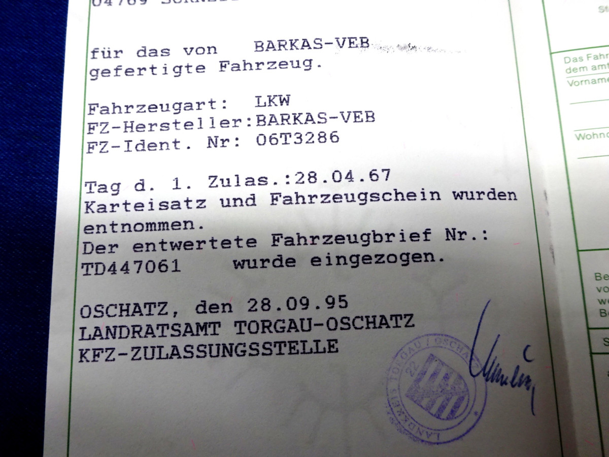 Kfz Brief Fahrzeugbrief Barkas B1000 HP 1967 (25961) | ***sixpoints ...